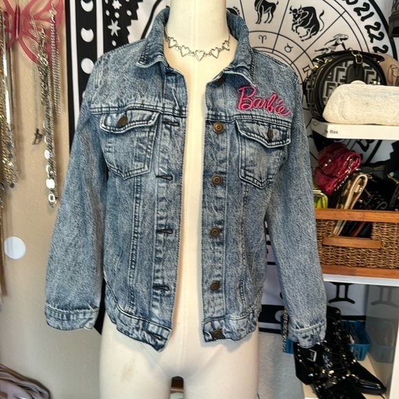 Barbie | Jackets & Coats | Barbie Denim Jacket Acid Wash Logo At Chest ...